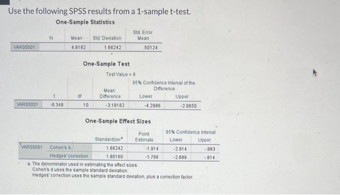 Use the following SPSS results from a 1-sample | Chegg.com