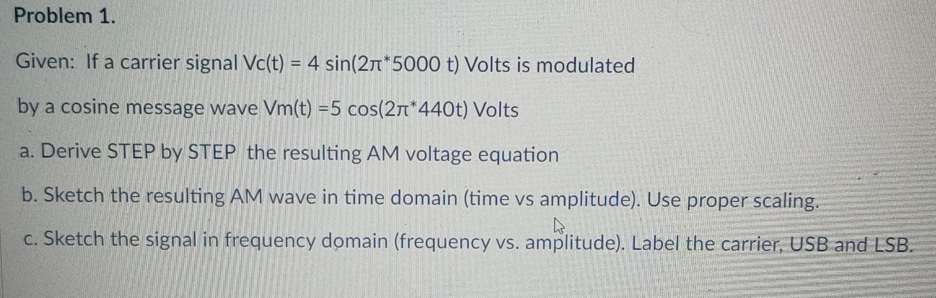 Solved Given: If a carrier signal Vc(t) =4sin(2π∗5000t) | Chegg.com