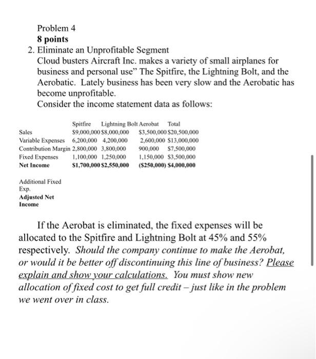 Solved Problem 4 8 points 2. Eliminate an Unprofitable | Chegg.com