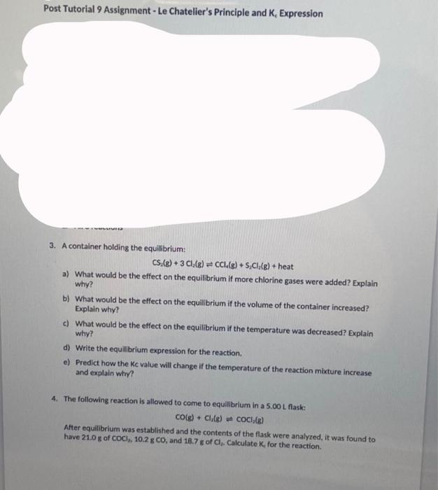 Solved Post Tutorial 9 Assignment - Le Chatelier's Principle | Chegg.com