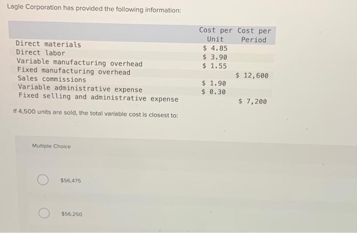 Solved Lagle Corporation has provided the following | Chegg.com
