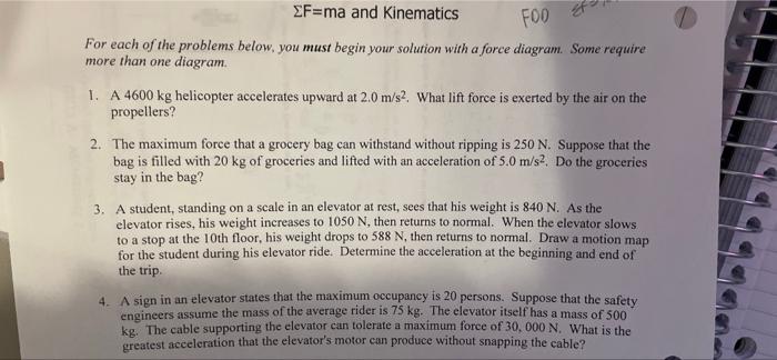 Solved EF=ma and Kinematics FOD EF For each of the problems | Chegg.com