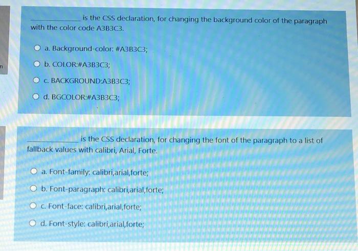 Solved is the CSS declaration, for changing the background | Chegg.com