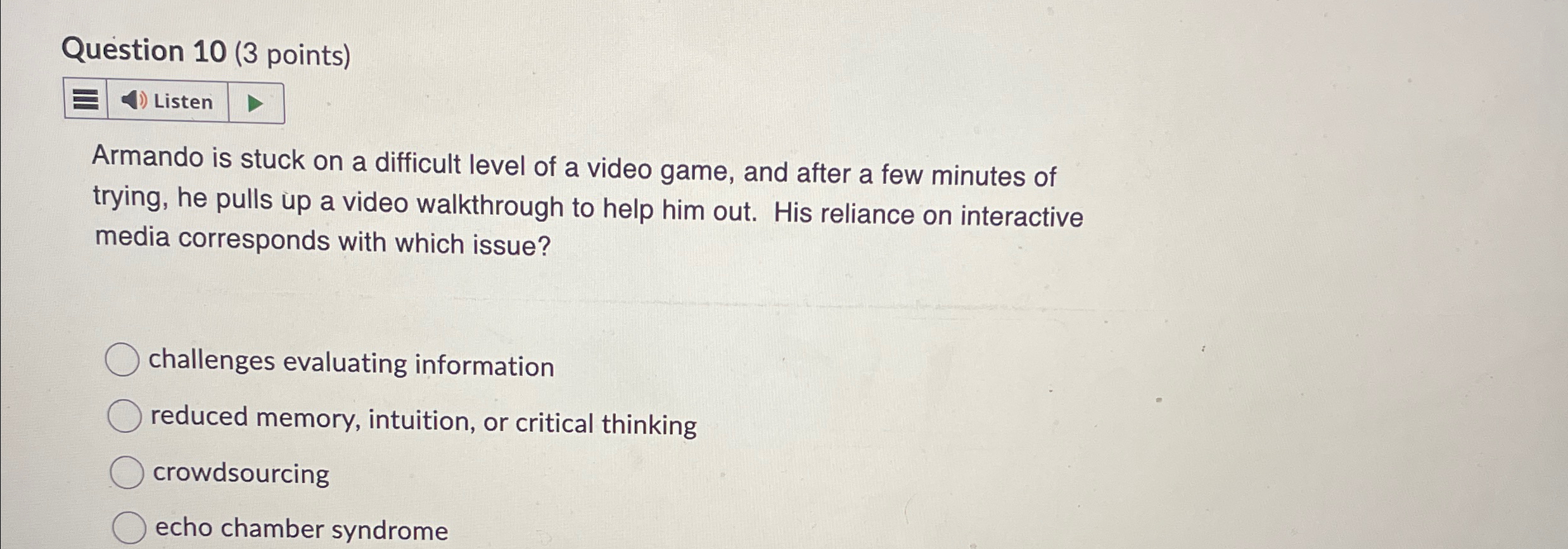 Solved Question 10 (3 ﻿points)ListenArmando is stuck on a | Chegg.com