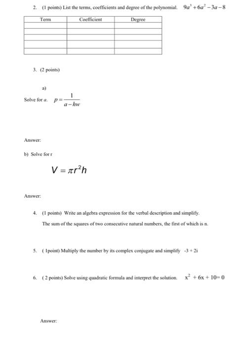 Solved 2. (1 points) List the terms, coefficients and degree | Chegg.com