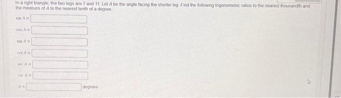 Solved In a right triangle, the two legs are 7 and 11 Lot A | Chegg.com