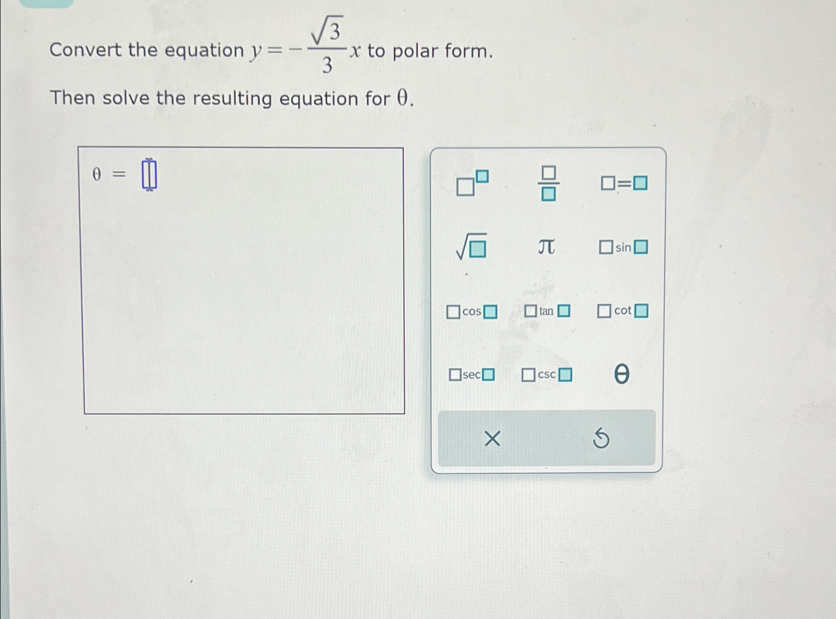 Solved Convert the equation y=-323x ﻿to polar form.Then | Chegg.com