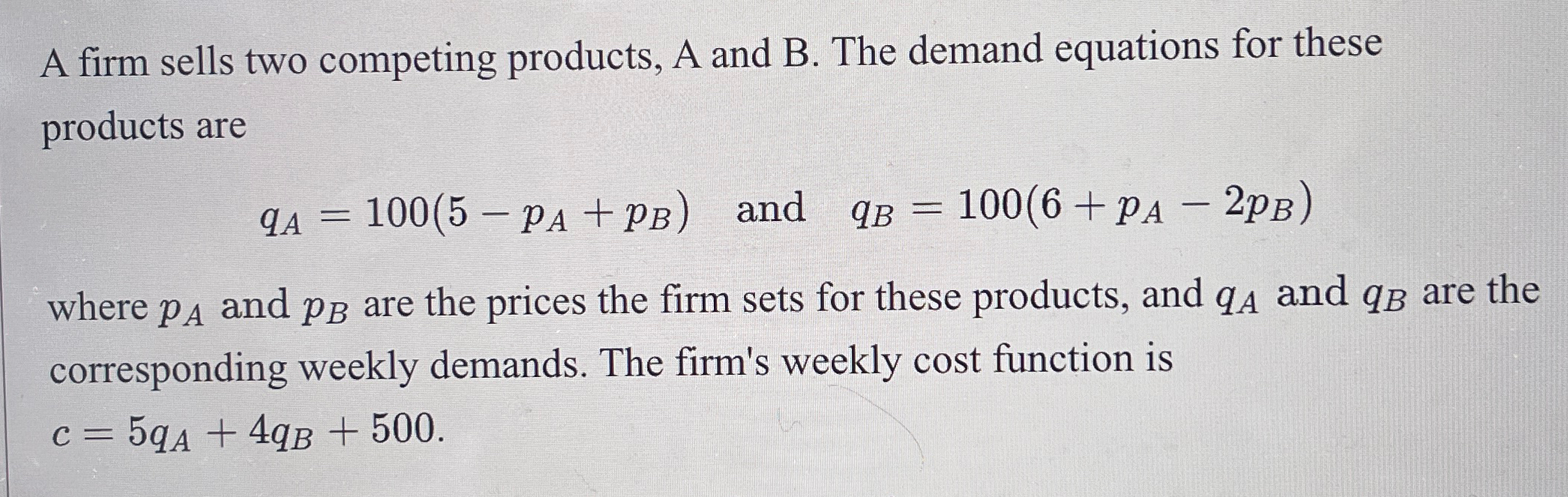 Solved A firm sells two competing products, A and B. ﻿The | Chegg.com