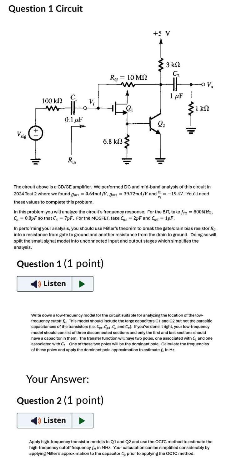 Solved Apply high-frequency transistor models to Q1 ﻿and Q2 | Chegg.com