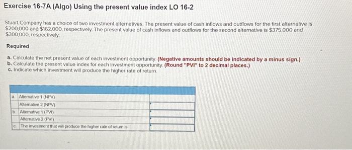 Solved Exercise 16-7A (Algo) Using the present value index | Chegg.com