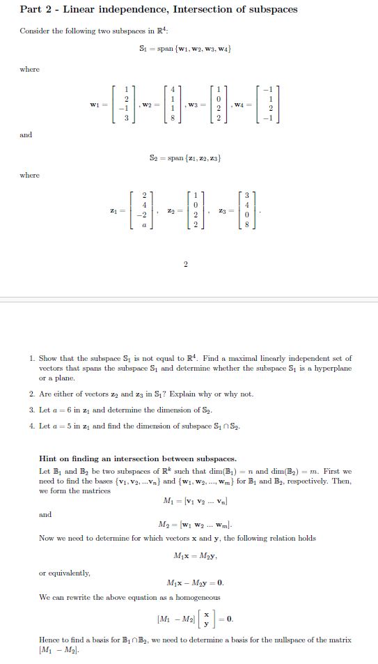 Solved Part 2 - ﻿Linear independence, Intersection of | Chegg.com