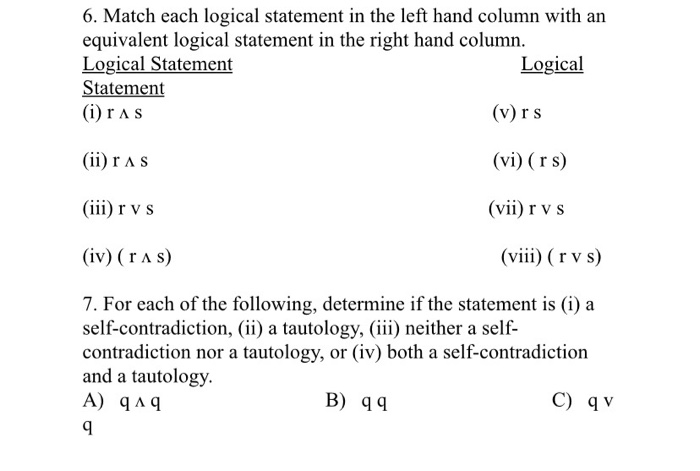 Solved 6. Match each logical statement in the left hand | Chegg.com