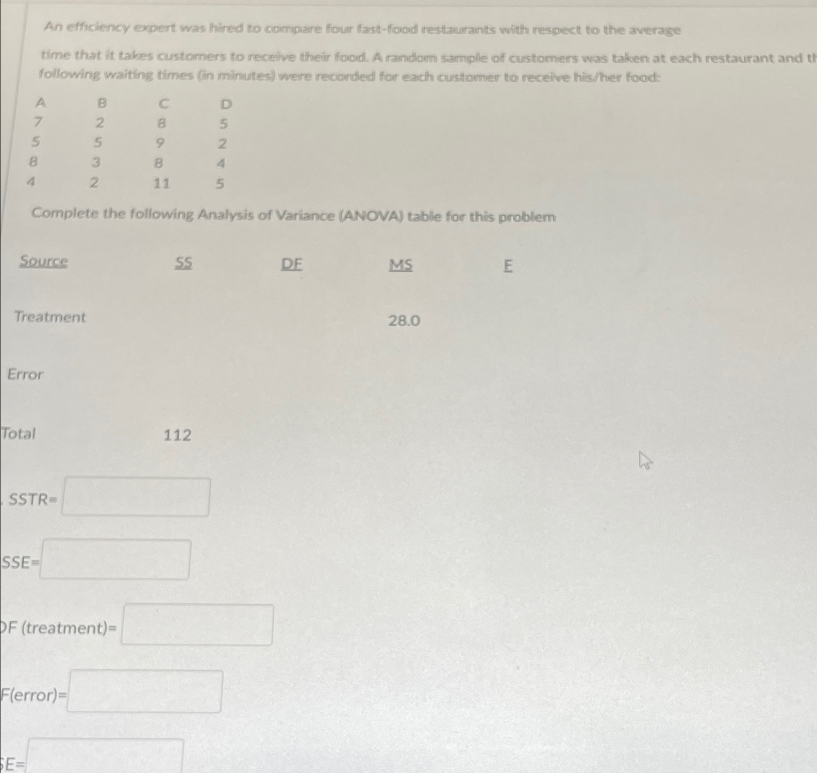 Solved An efficiency expert was hired to compare four | Chegg.com