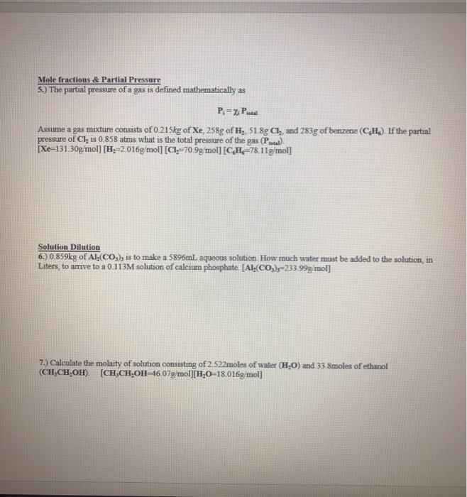 Solved Mole fractions & Partial Pressure 5.) The partial | Chegg.com