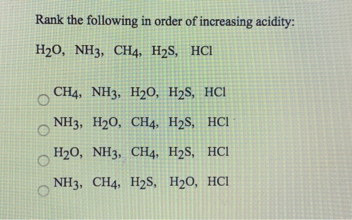 Solved Rank the following in order of increasing acidity: | Chegg.com