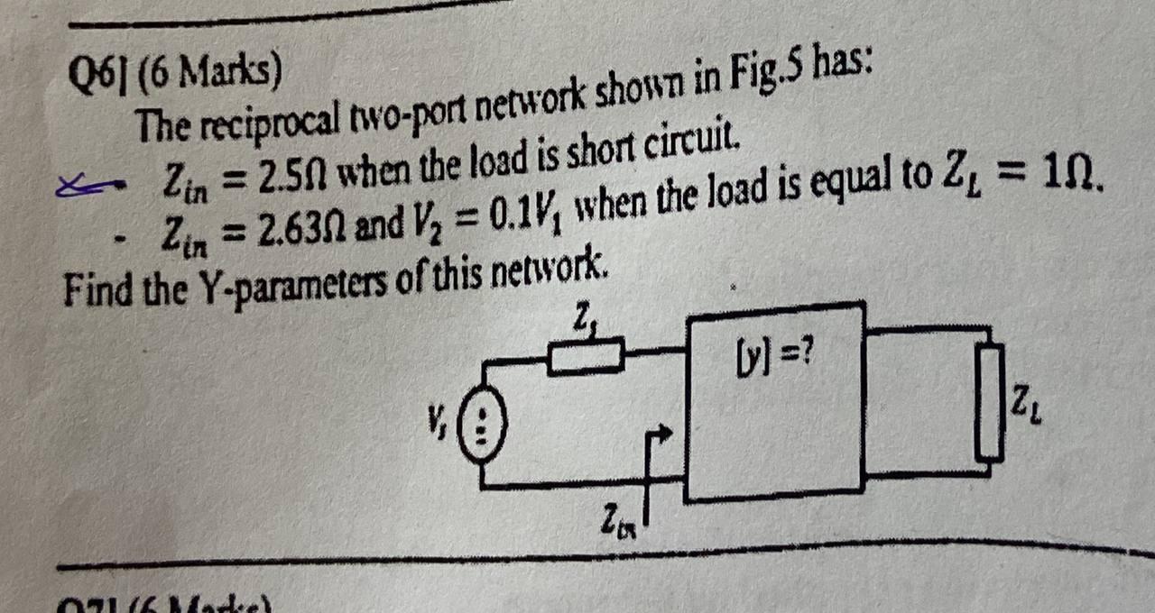 Solved 0616 Marks) The reciprocal two-port network shown in | Chegg.com