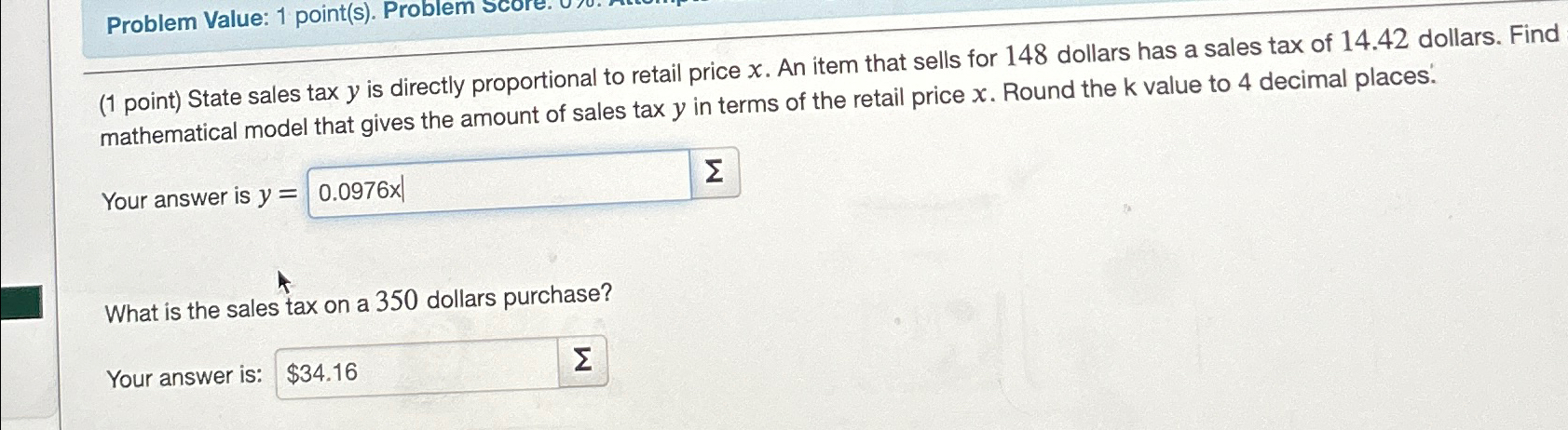 Solved Problem Value: 1 ﻿point(s). ﻿Problem(1 ﻿point) ﻿State | Chegg.com