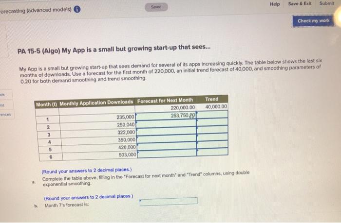 Solved Help Save & Exit Submit Seved Forecasting (advanced | Chegg.com Solved Help Save & Exit Submit Seved Forecasting (advanced | Chegg.com