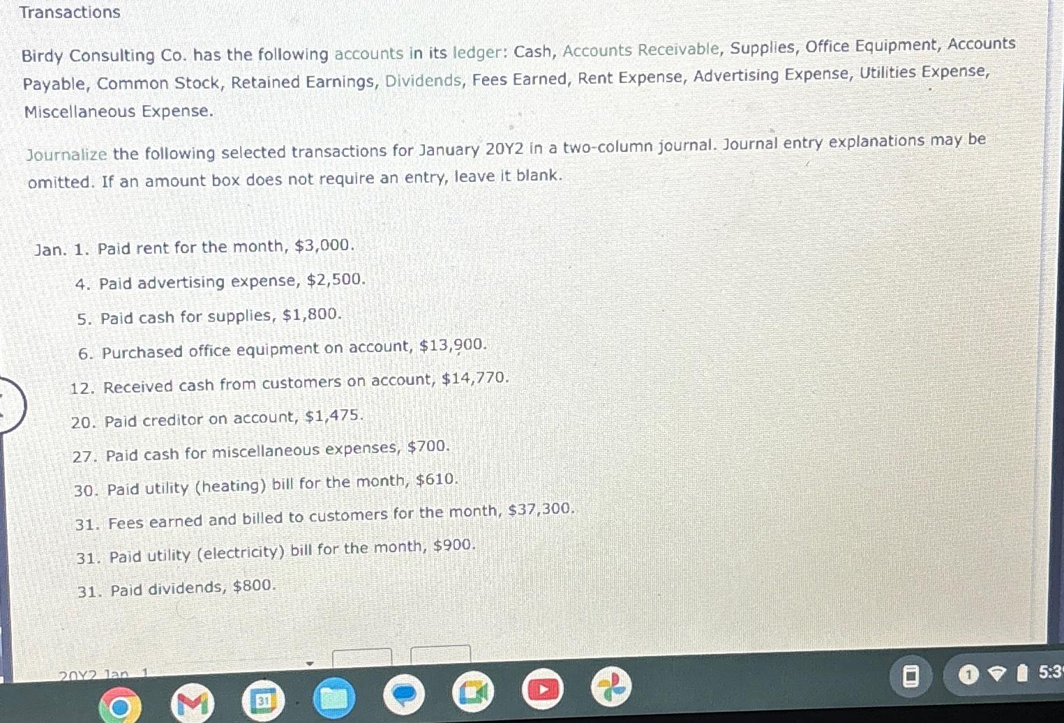 Solved TransactionsBirdy Consulting Co. ﻿has the following | Chegg.com