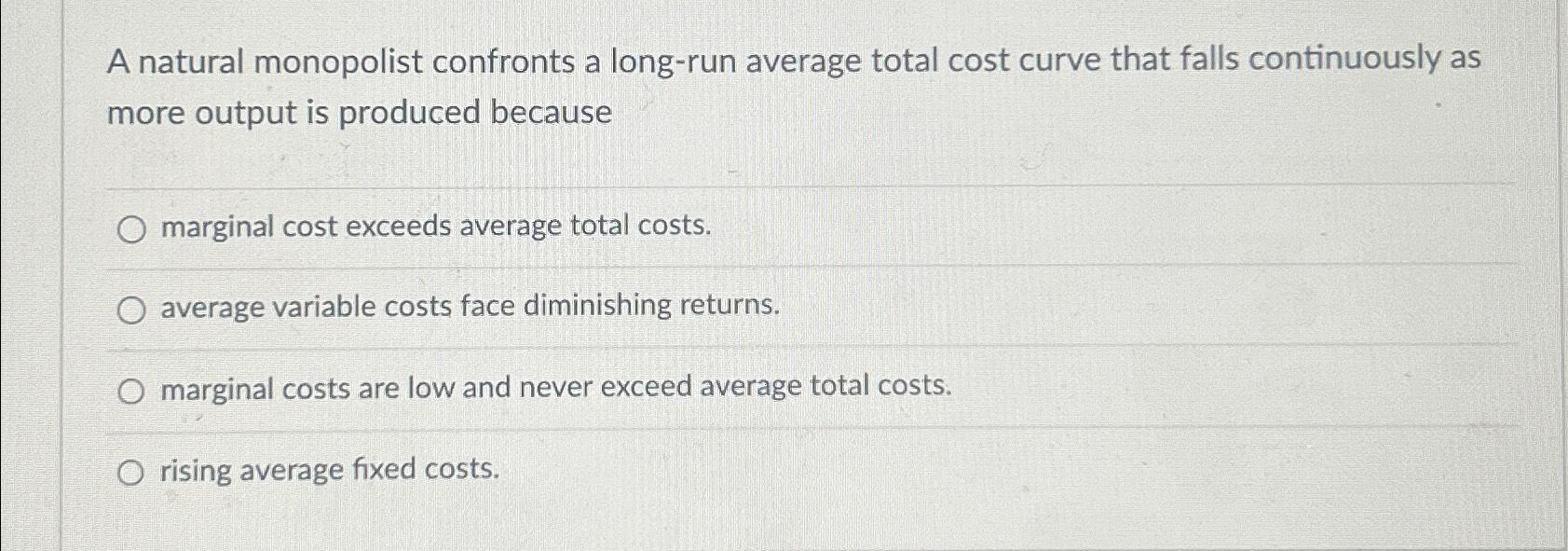 Solved A natural monopolist confronts a long-run average | Chegg.com
