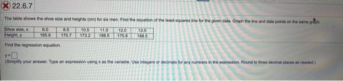 Solved X) 22.6.7 The table shows the shoe size and heights | Chegg.com