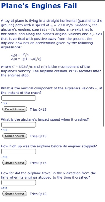 Solved Plane's Engines Fail A toy airplane is flying in a | Chegg.com