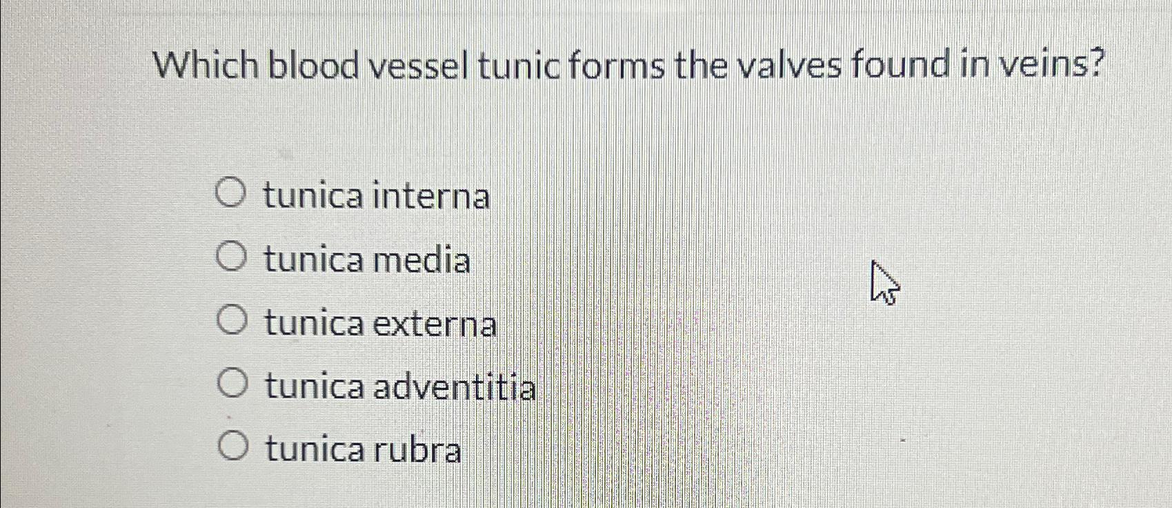 Solved Which blood vessel tunic forms the valves found in | Chegg.com