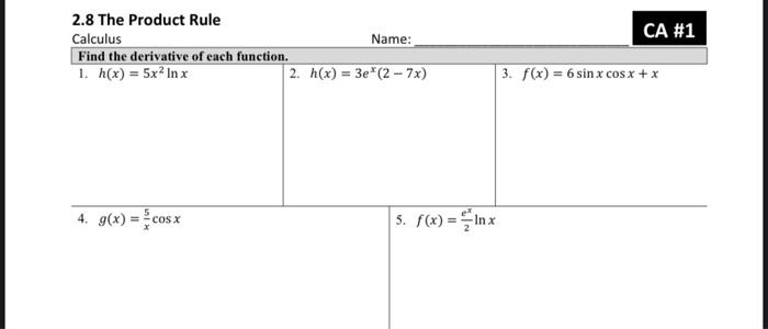Solved CA #1 2.8 The Product Rule Calculus Name: Find the | Chegg.com