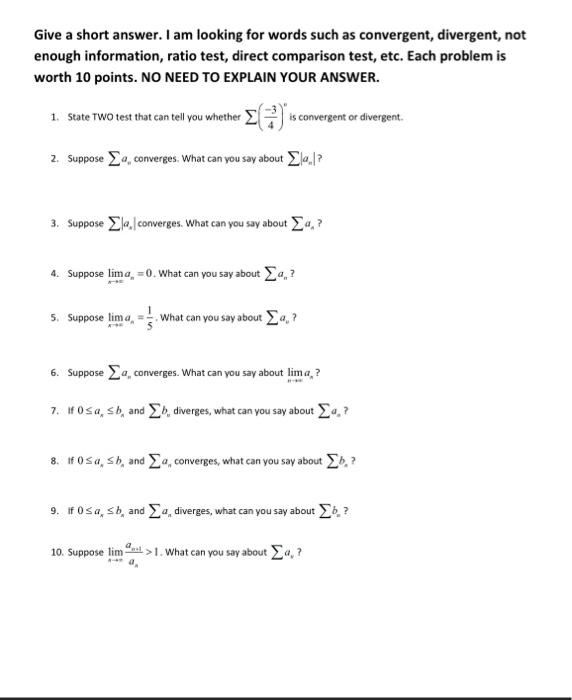 Solved Hello, can you please answer 1 through 10. a short | Chegg.com