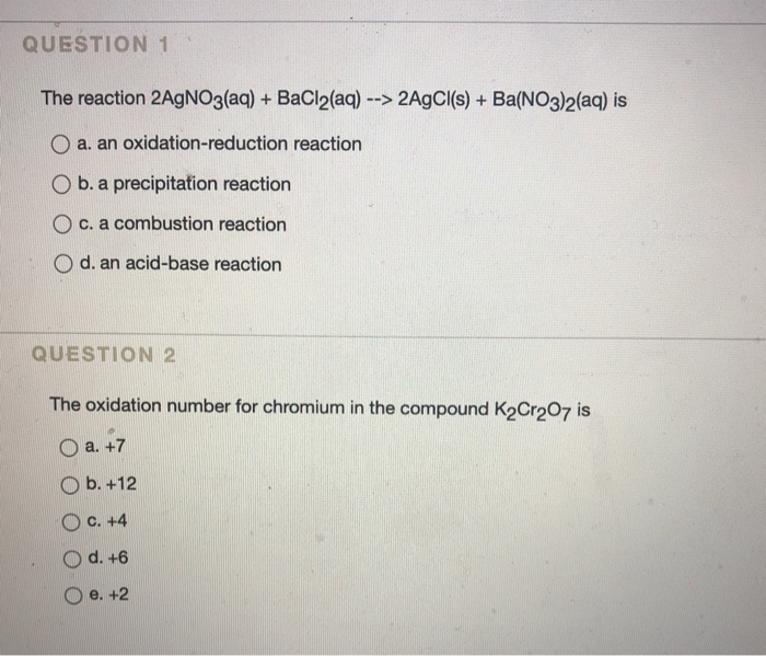 Solved QUESTION 1 The reaction 2AgNO3(aq) + BaCl2(aq) --> | Chegg.com