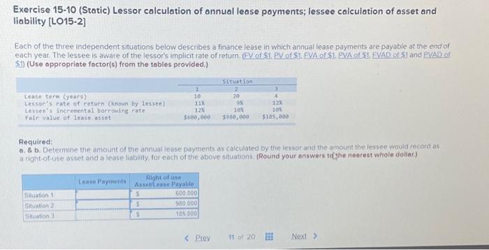 Solved Exercise 15-10 (Static) Lessor calculation of annual | Chegg.com