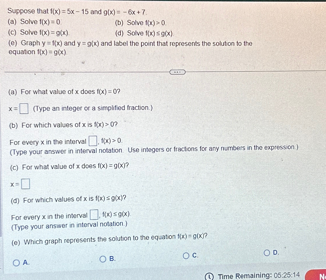 Solved Suppose that f(x)=5x-15 ﻿and g(x)=-6x+7(a) ﻿Solve | Chegg.com