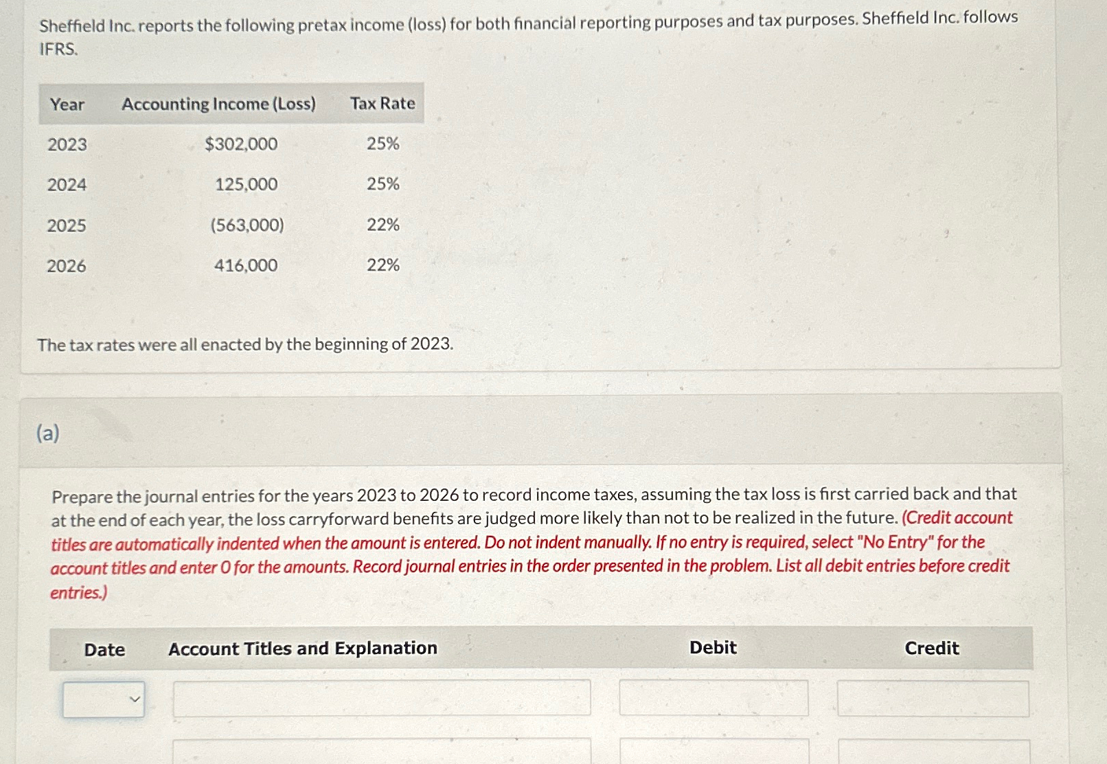 Solved Sheffield Inc. reports the following pretax income | Chegg.com