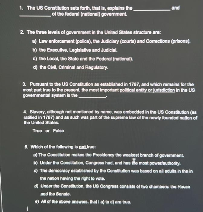 and 1. The US Constitution sets forth, that is, | Chegg.com