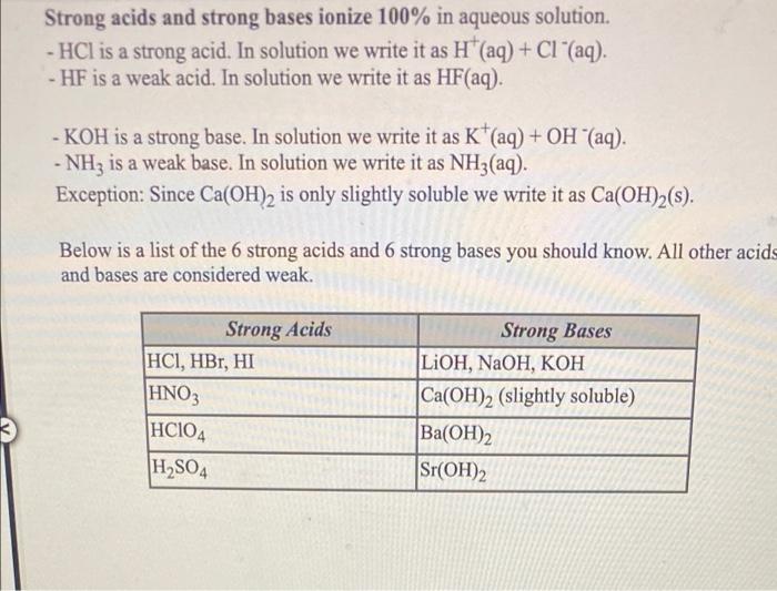 Solved Strong acids and strong bases ionize 100% in aqueous | Chegg.com