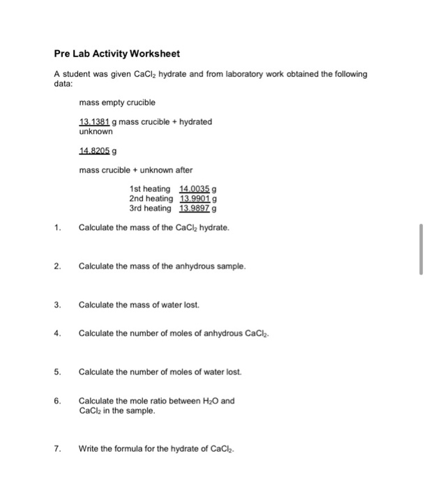 Solved Pre Lab Activity Worksheet A student was given CaCl2 | Chegg.com