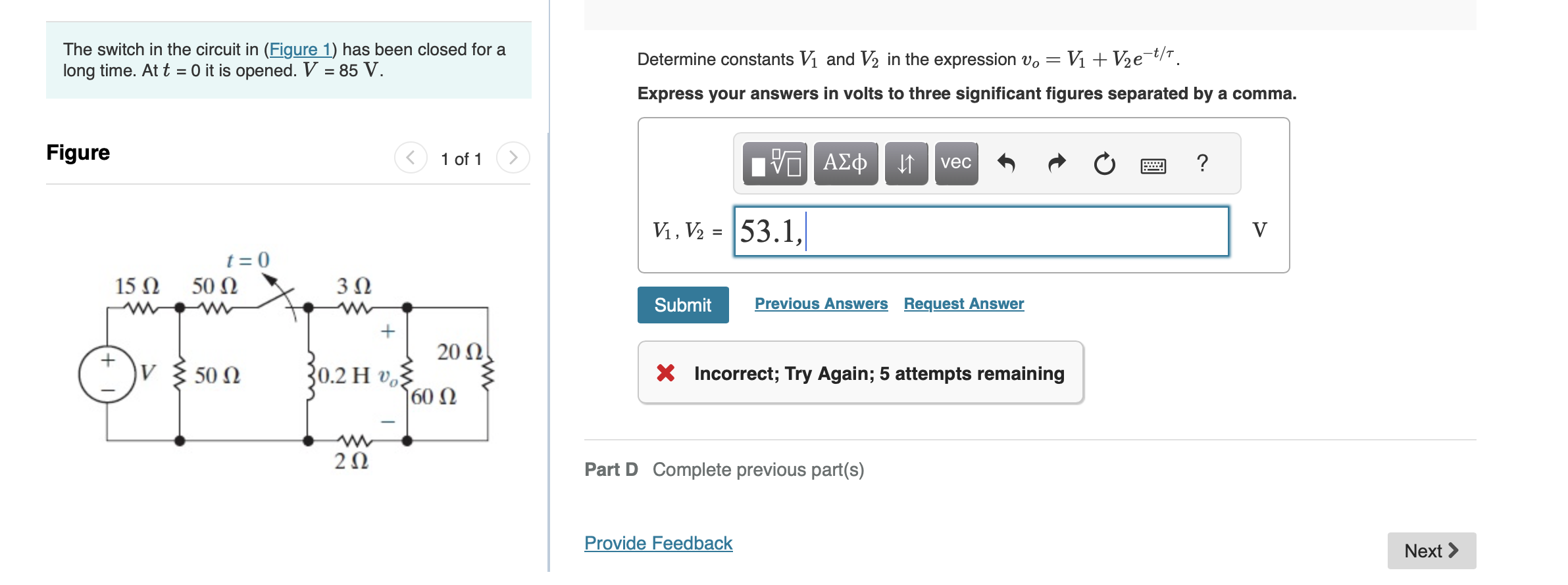 Solved The switch in the circuit in (Figure 1) ﻿has been | Chegg.com