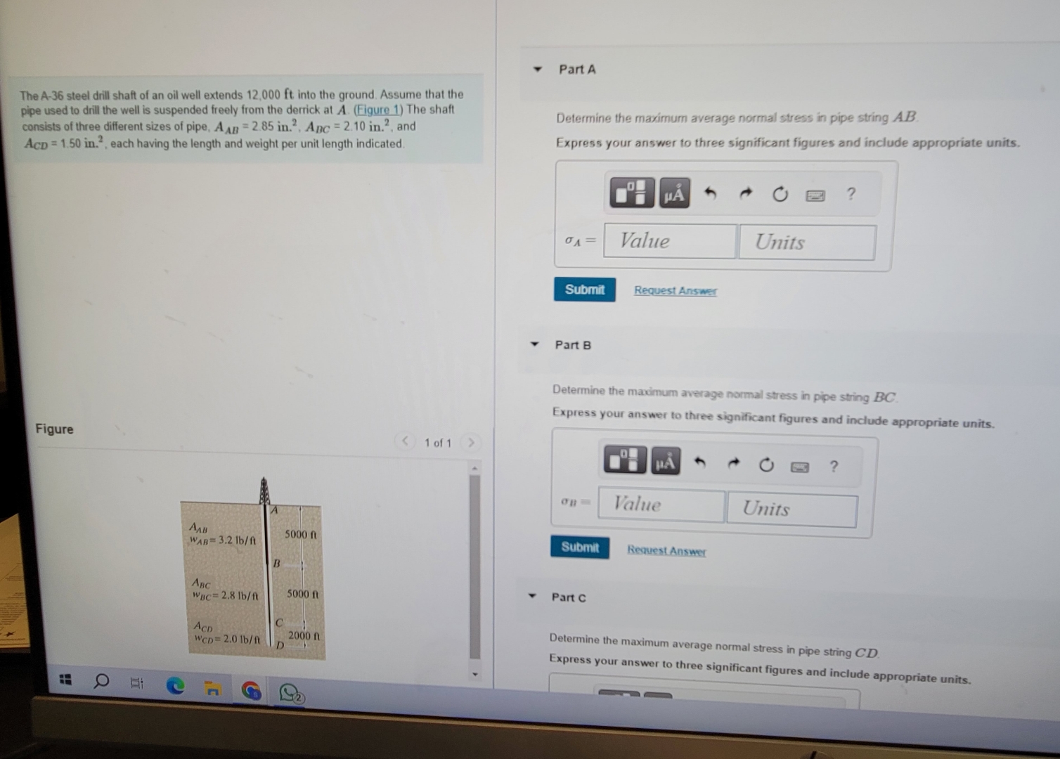 Solved The A-36 ﻿steel drill shaft of an oil well extends | Chegg.com