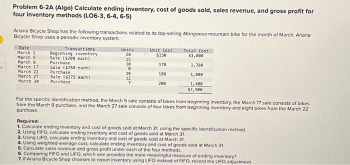Solved s Problem 6-2A (Algo) Calculate ending inventory, | Chegg.com