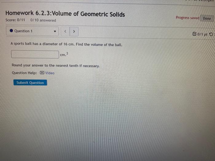 Solved Homework 6.2.3:Volume of Geometric Solids Score: 0/11 | Chegg.com