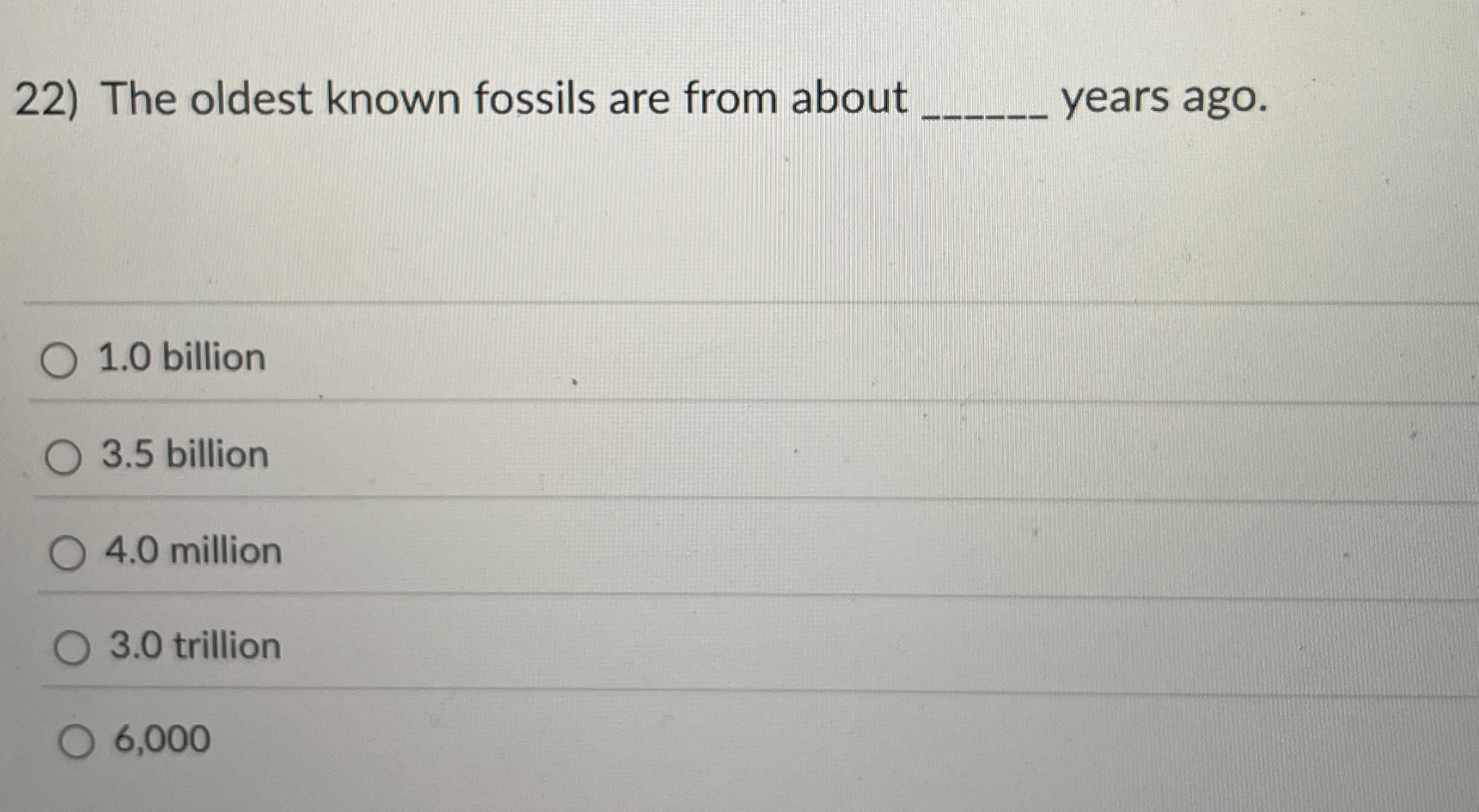 Solved The oldest known fossils are from aboutyears ago.1.0 | Chegg.com