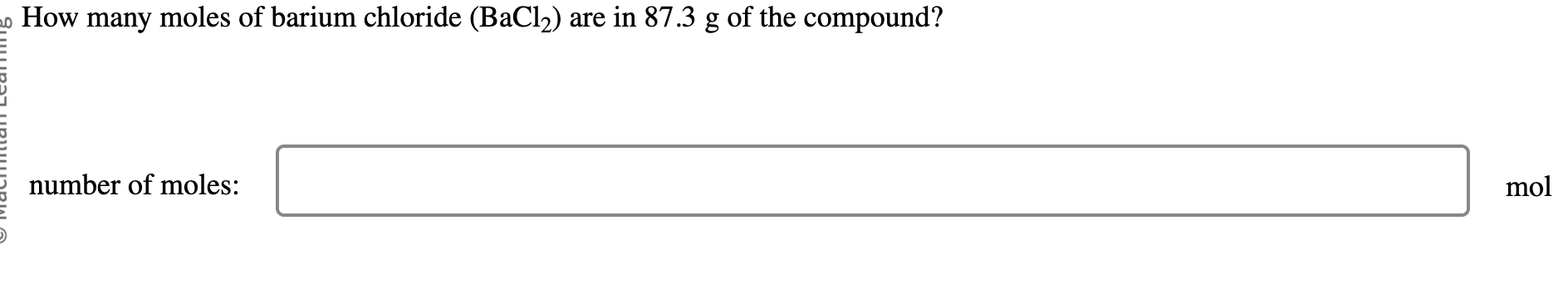 Solved How many moles of barium chloride (BaCl2) ﻿are in | Chegg.com