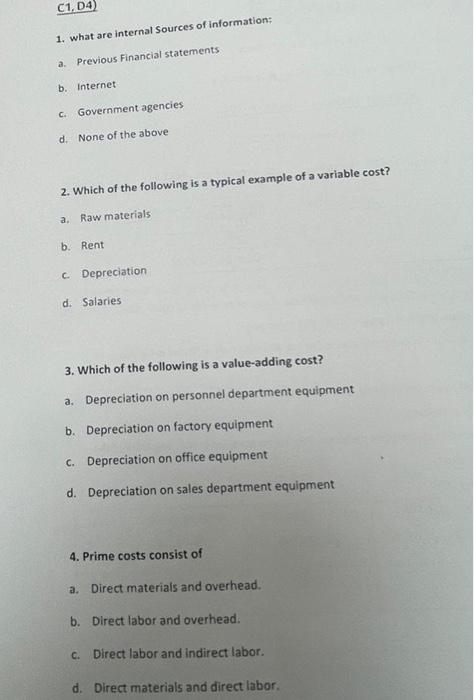 Solved 1. what are internal Sources of information: a. | Chegg.com