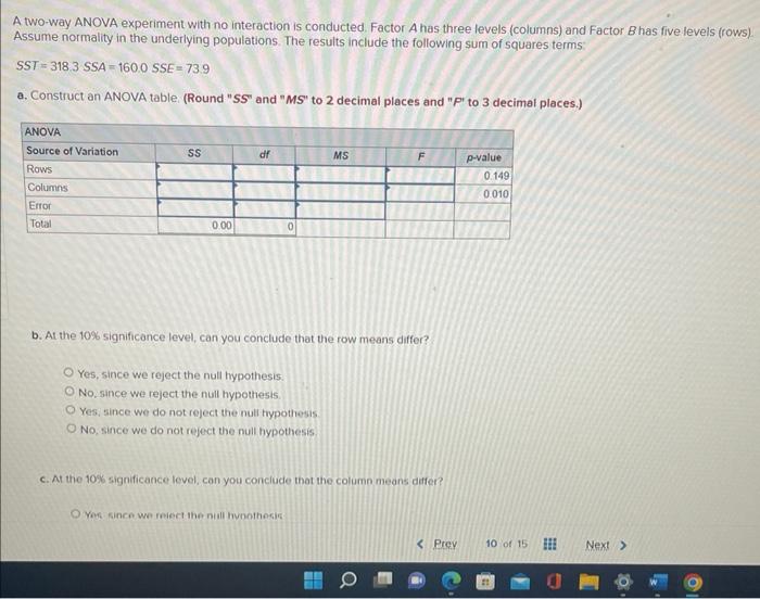 Solved A two-way ANOVA experiment with no interaction is | Chegg.com