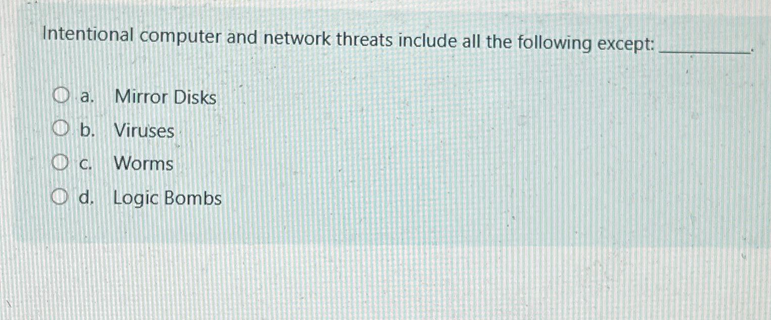 Solved Intentional computer and network threats include all | Chegg.com
