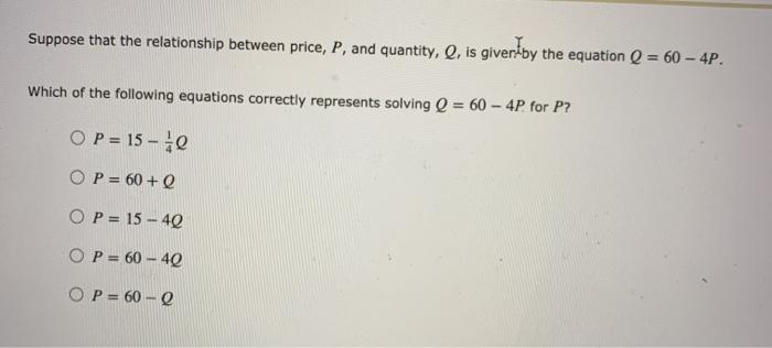 Solved Suppose that the relationship between price, P, and | Chegg.com