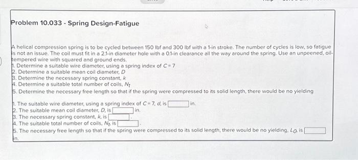 Solved Problem 10.033 - Spring Design-Fatigue A helical | Chegg.com