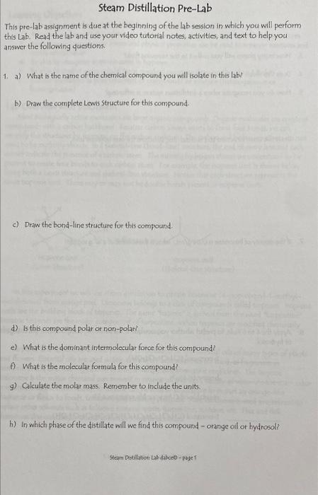 Solved Steam Distillation Pre-Lab This pre-lab assignment is | Chegg.com