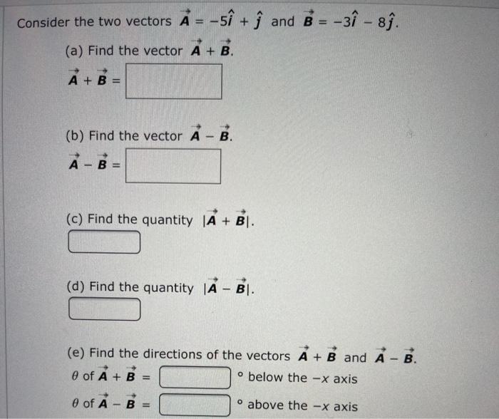 Solved Consider the two vectors A = -5 + į and B = -3î - 89. | Chegg.com