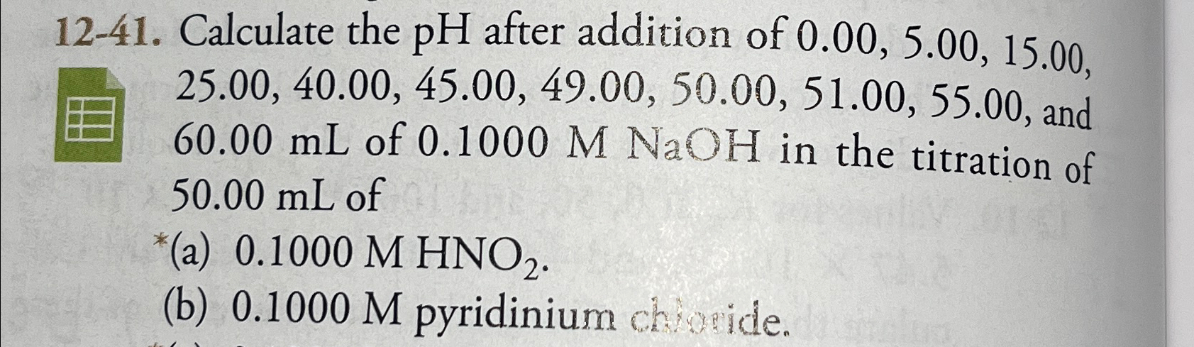 Solved 12-41. ﻿Calculate the pH ﻿after addition of | Chegg.com